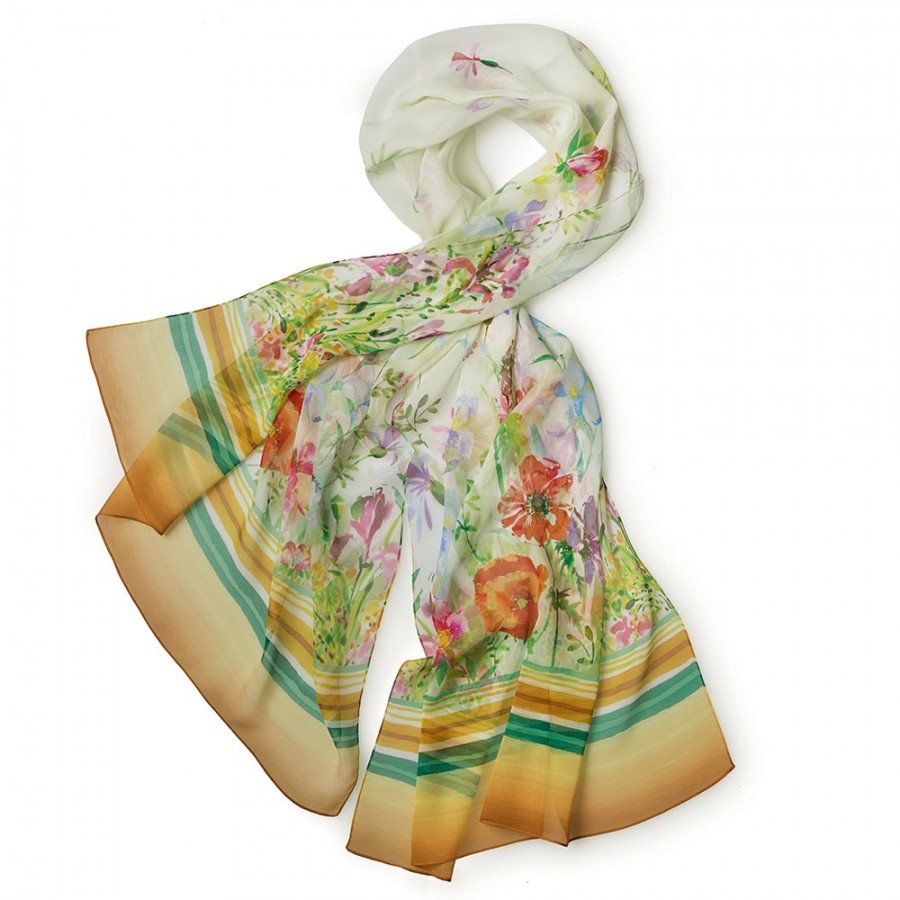 Scarf stole in pure silk muslin patterned flowers Made in Italy